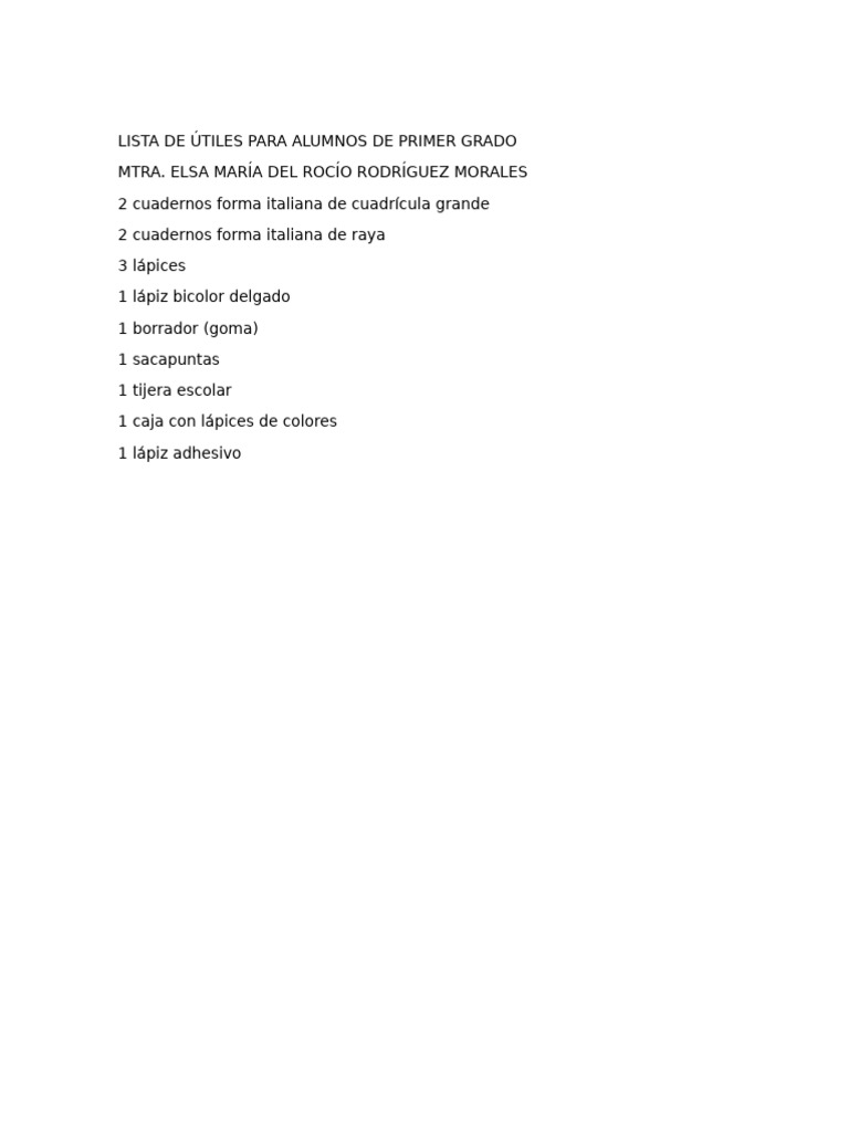 Lista de Útiles para Alumnos de 1c Mtra. Rocío | PDF
