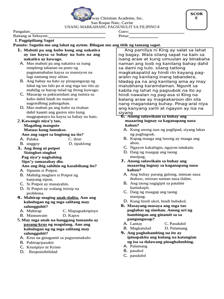 Unang Markahang Pagsusulit Sa Filipino 8original PDF Free | PDF