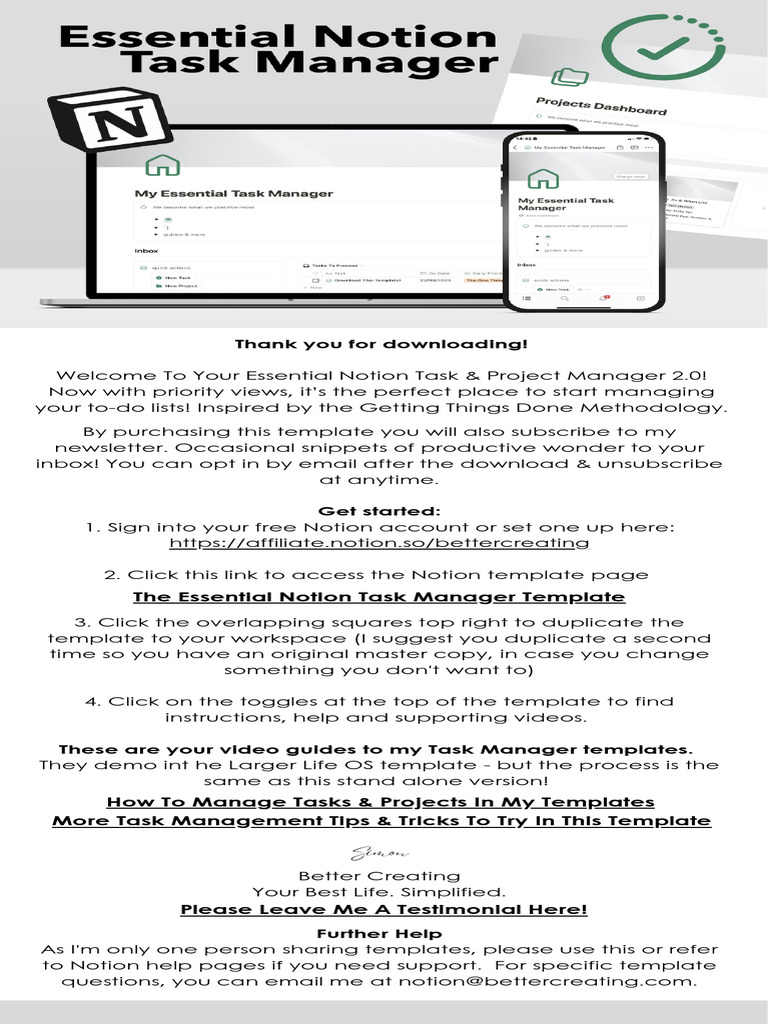 Essential+Notion+Task+Manager 2.0 Template+Link+and+Information | PDF