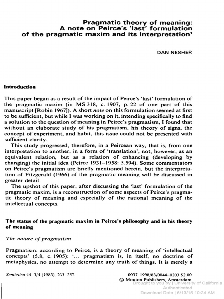 Pragmatic Theory of Meaning A Note On Pe | PDF | Pragmatism | Charles ...