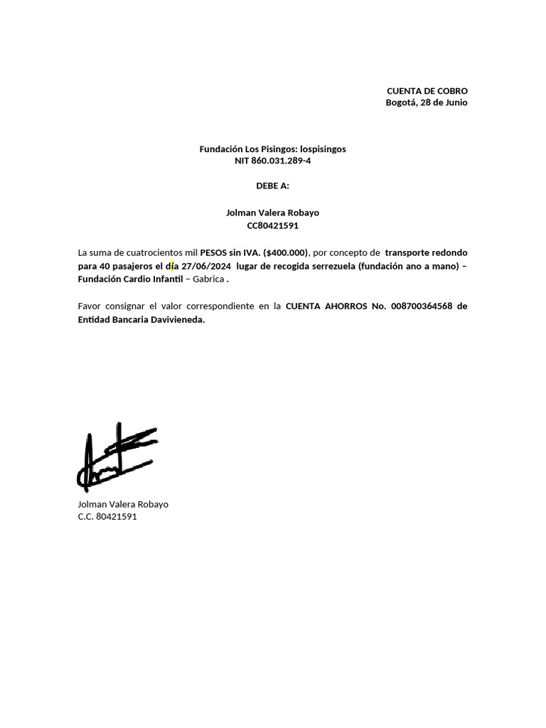 Cobro Transporte Fundación Los Pisingos | PDF