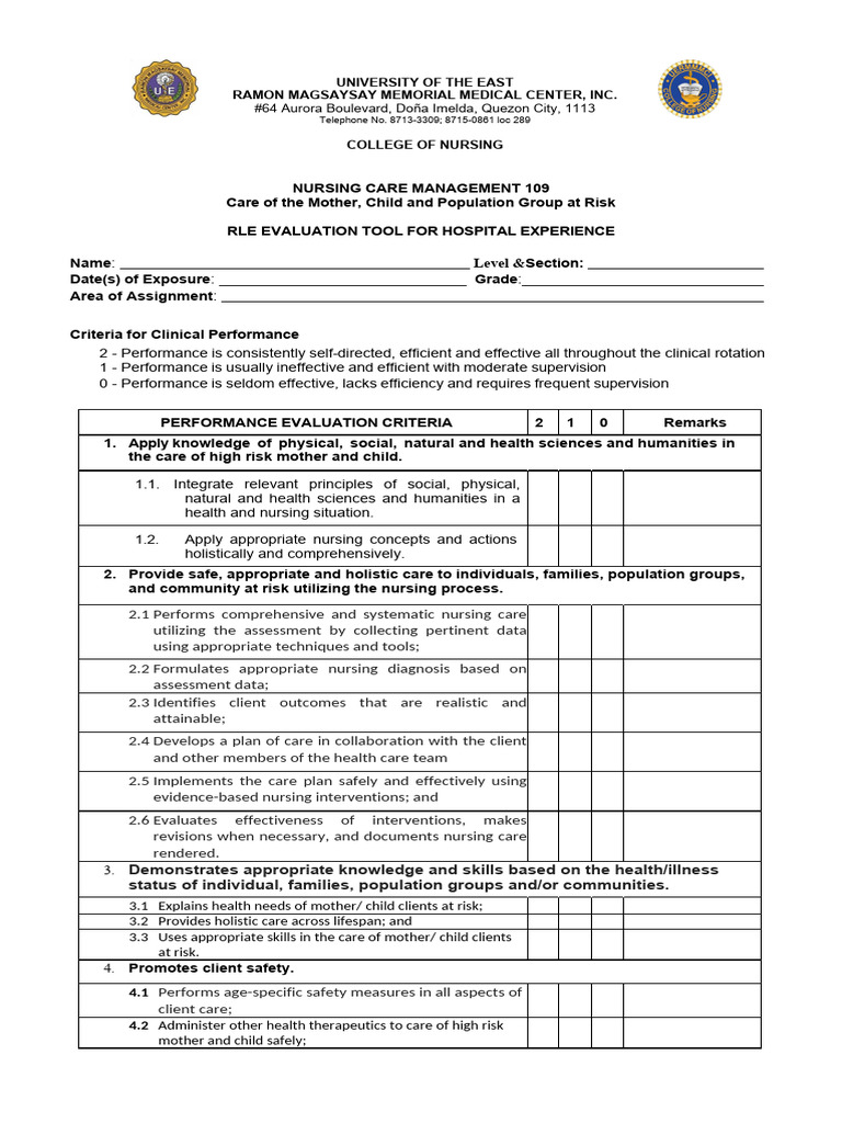 NCM109 Clinical_Hospital Evaluation Tool | PDF | Nursing | Health Care