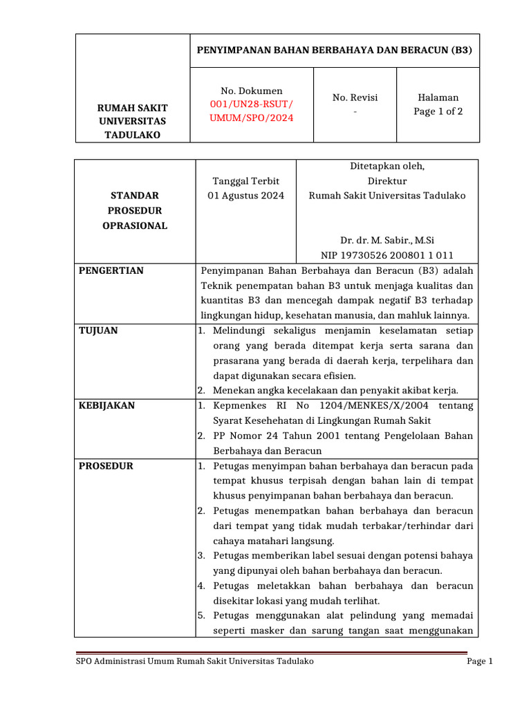 SPO Penyimpanan Bahan Berbahaya Dan Beracun (B3) | PDF