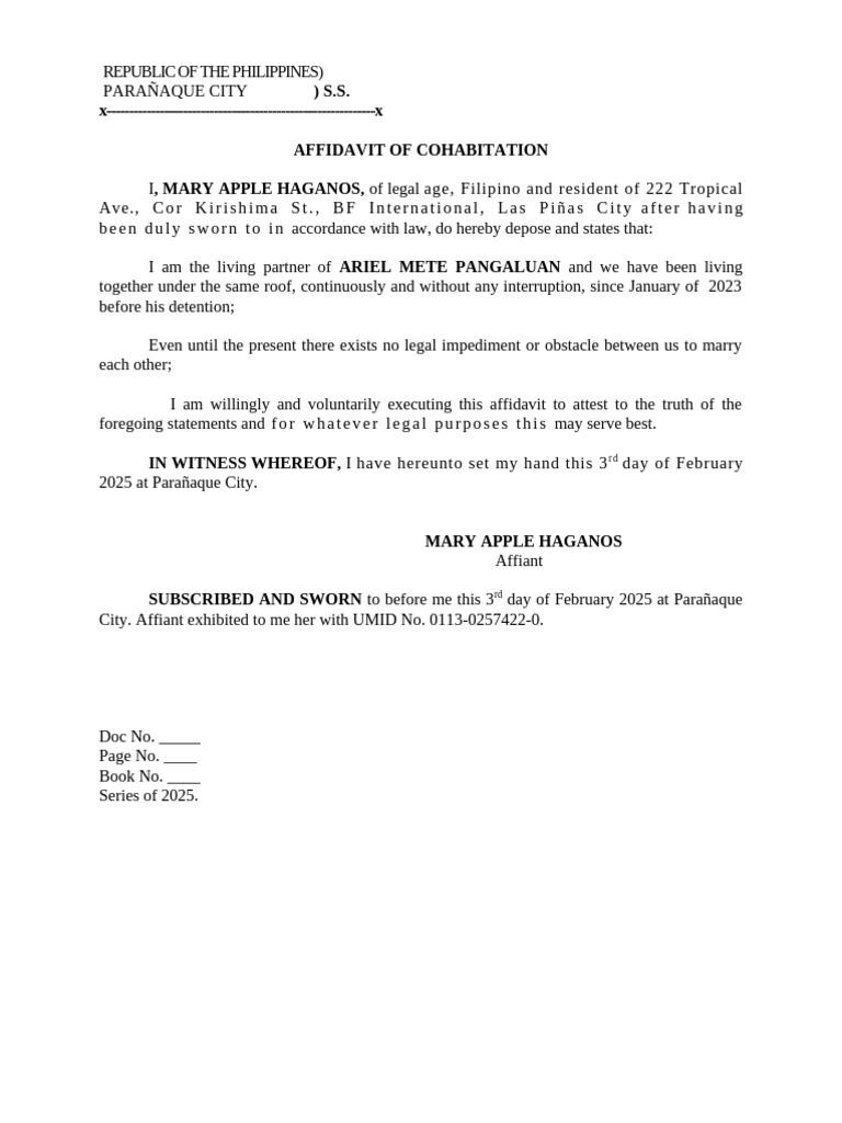 Affidavit of Cohabitation Examples | PDF | Affidavit | Legal Procedure