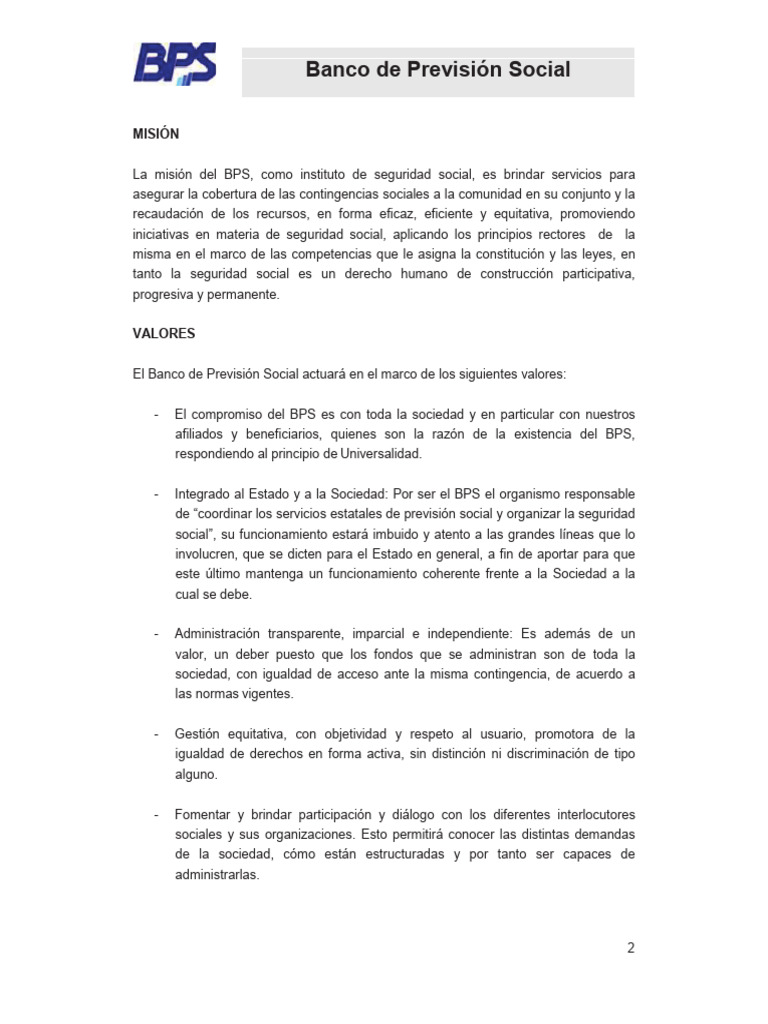 Misión, Valores y Visión Del BPS | PDF | Valores | Sociedad