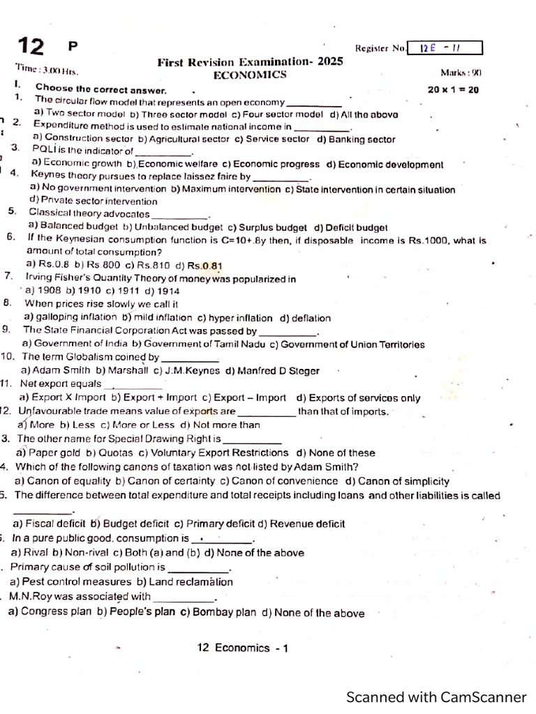 12th Economics 1st Revision Exam 2025 Original Question Paper Tiruppur ...