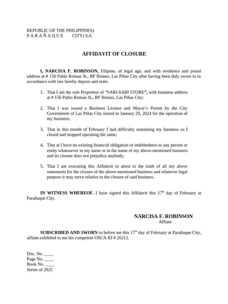 AFFIDAVIT of Closure-business ROBINSON | PDF | Affidavit | Evidence