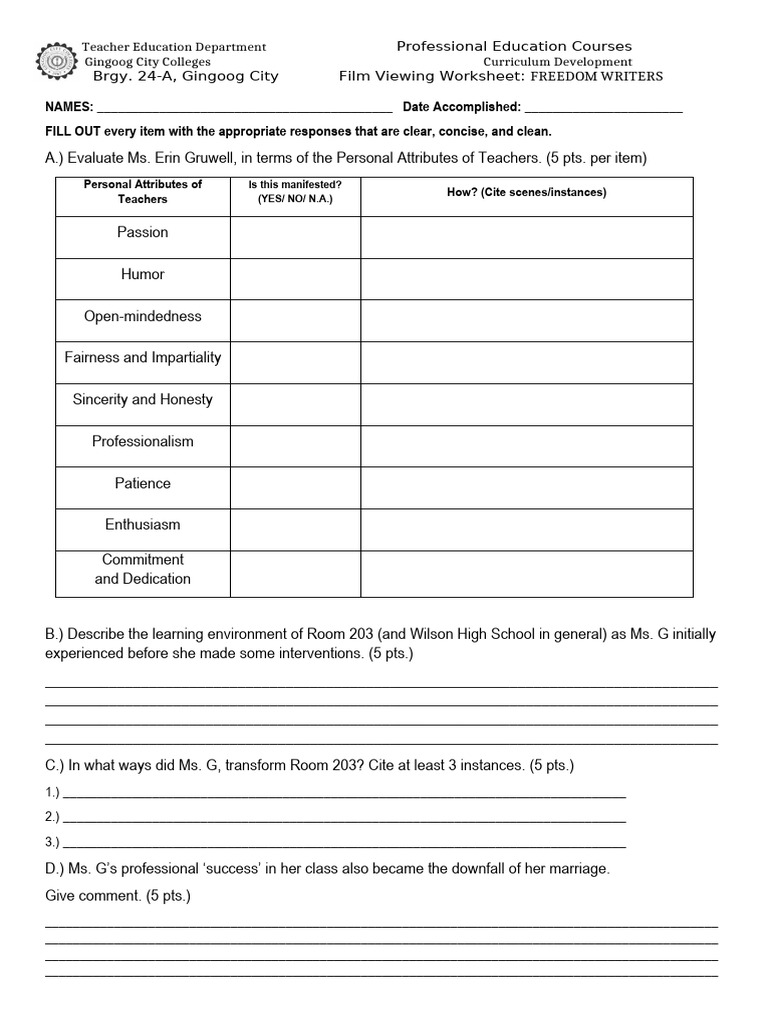 (Template) Worksheet - FreedomWriters | PDF | Pedagogy | Procedural ...