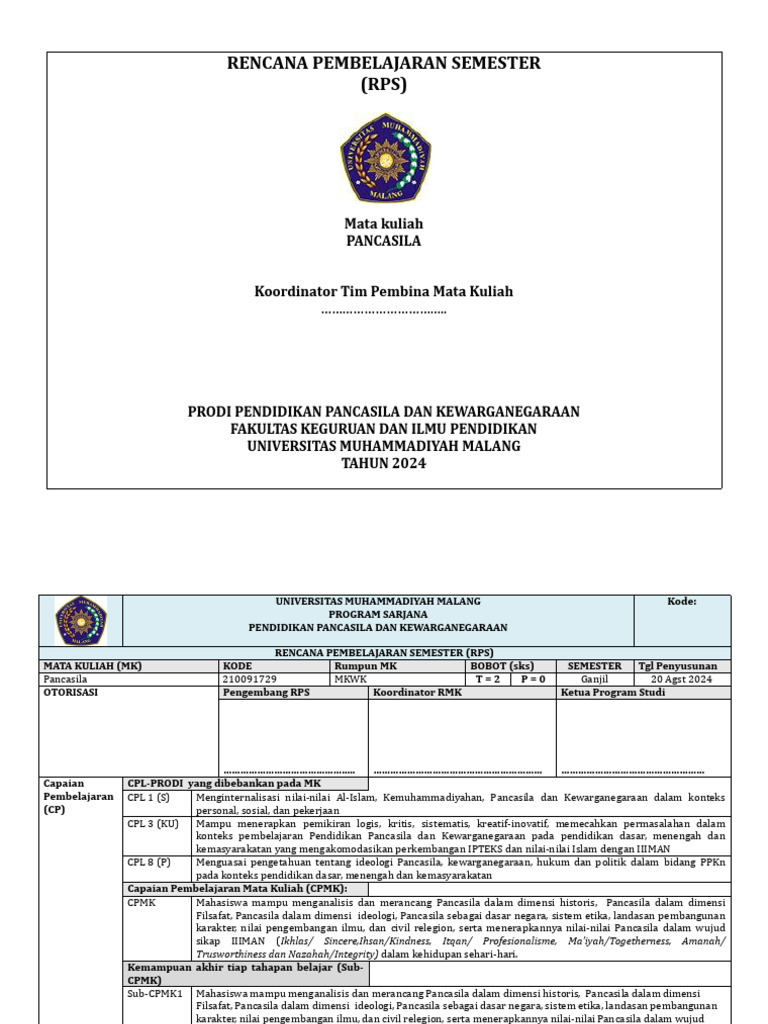 Rps MK Pancasila - 2024 - Revisi - 18092024 | PDF
