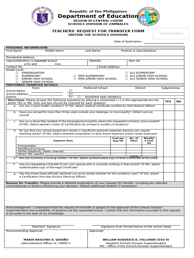 Request For Transfer - Teaching | PDF | Schools | Middle Schools