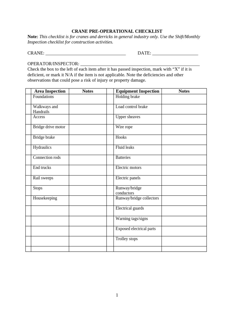 Crane Preoperational Checklist | PDF | Crane (Machine) | Manufactured Goods