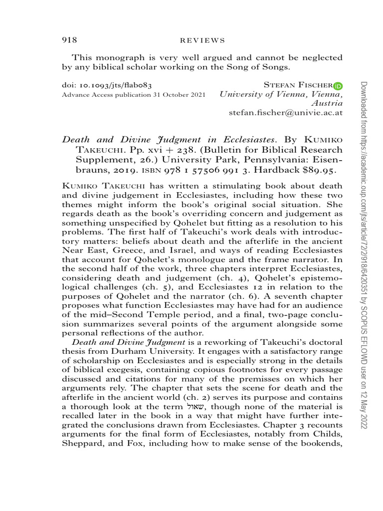 ARTHUR JAN KEEFER Review Death and Judgement on Ecclesiastes | PDF ...