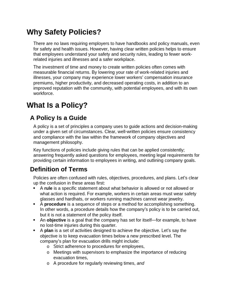 Importance of Written Safety Policies | PDF | Occupational Safety And ...
