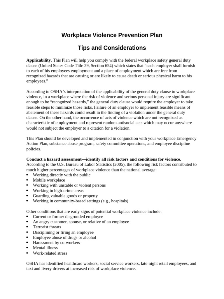 Workplace Violence Prevention Plan | PDF | Violence | Occupational ...