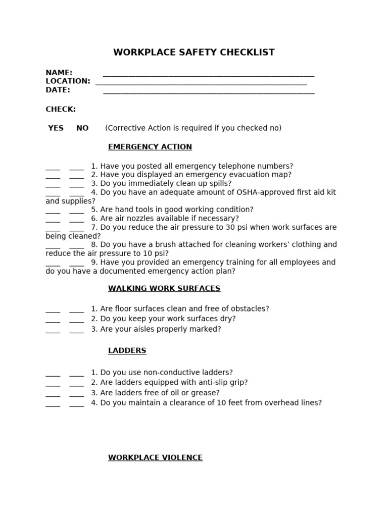Comprehensive Workplace Safety Checklist | PDF | Personal Protective ...