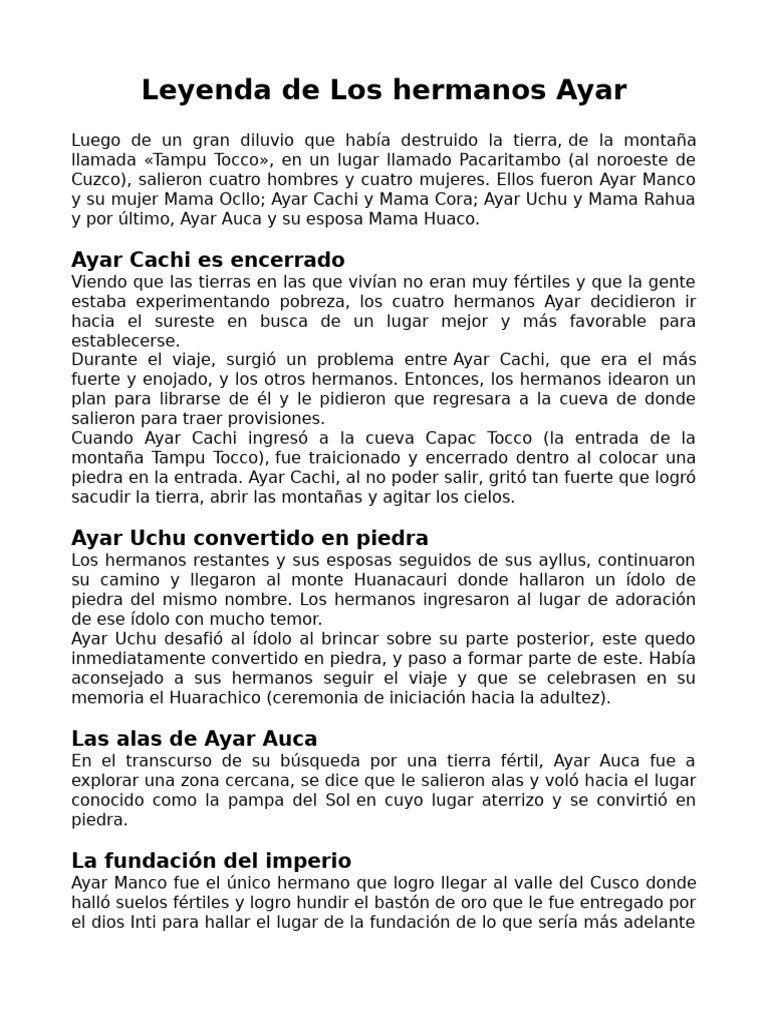 Leyenda de Los Hermanos Ayar | PDF | Imperio Inca
