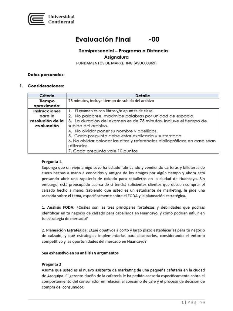 Examen Final Fundamentos de Marketing 2025-00 | PDF | Marketing ...
