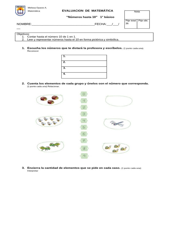 Prueba Numeros Hasta 10 | PDF