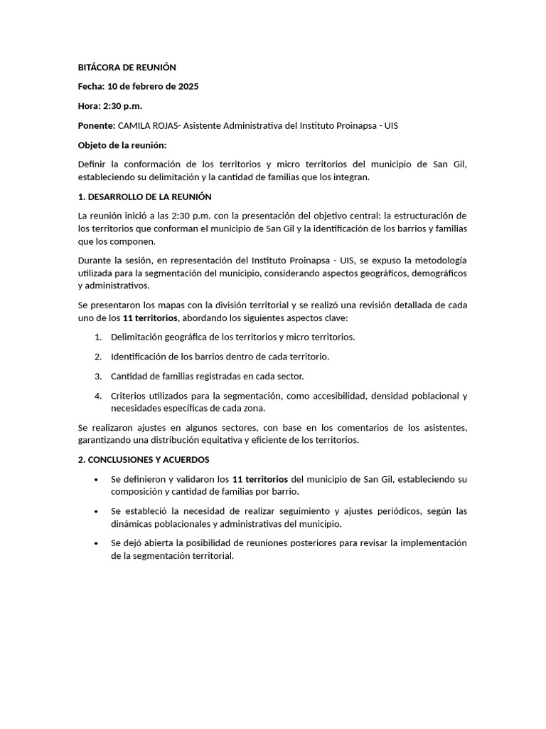 Bitácora de Reunión Definicion de Territorios y Micro Territorios | PDF
