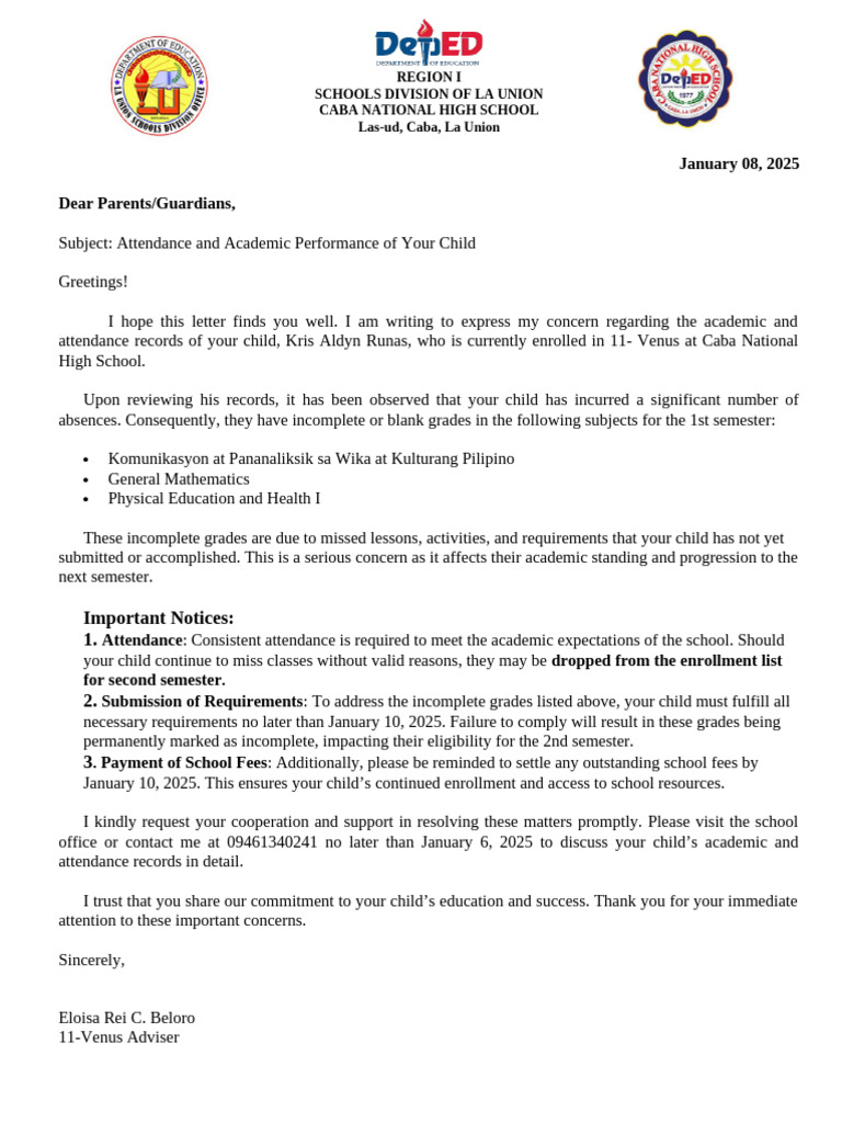 Letter to Parents (Home Visit Purposes) | PDF