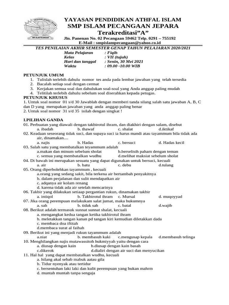 SOAL PAS FIQIH PAK HANAFI 20202021 | PDF
