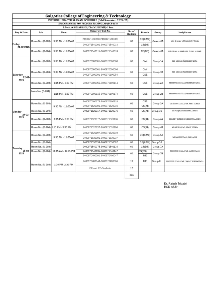 FINAL BCS151 External Practical Exam SCHEDULE Odd-Sem 2024-25 | PDF