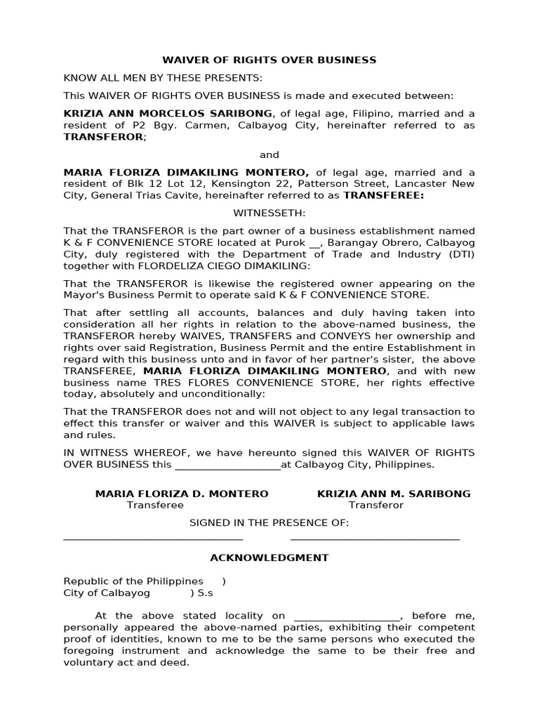 Waiver of Rights Over Business Edited | PDF | Law And Economics ...