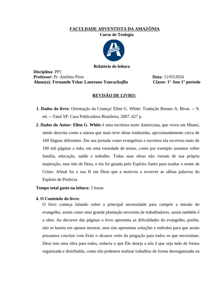 Relatório de Leitura: Evangelismo e Discipulado | PDF | Discípulo ...