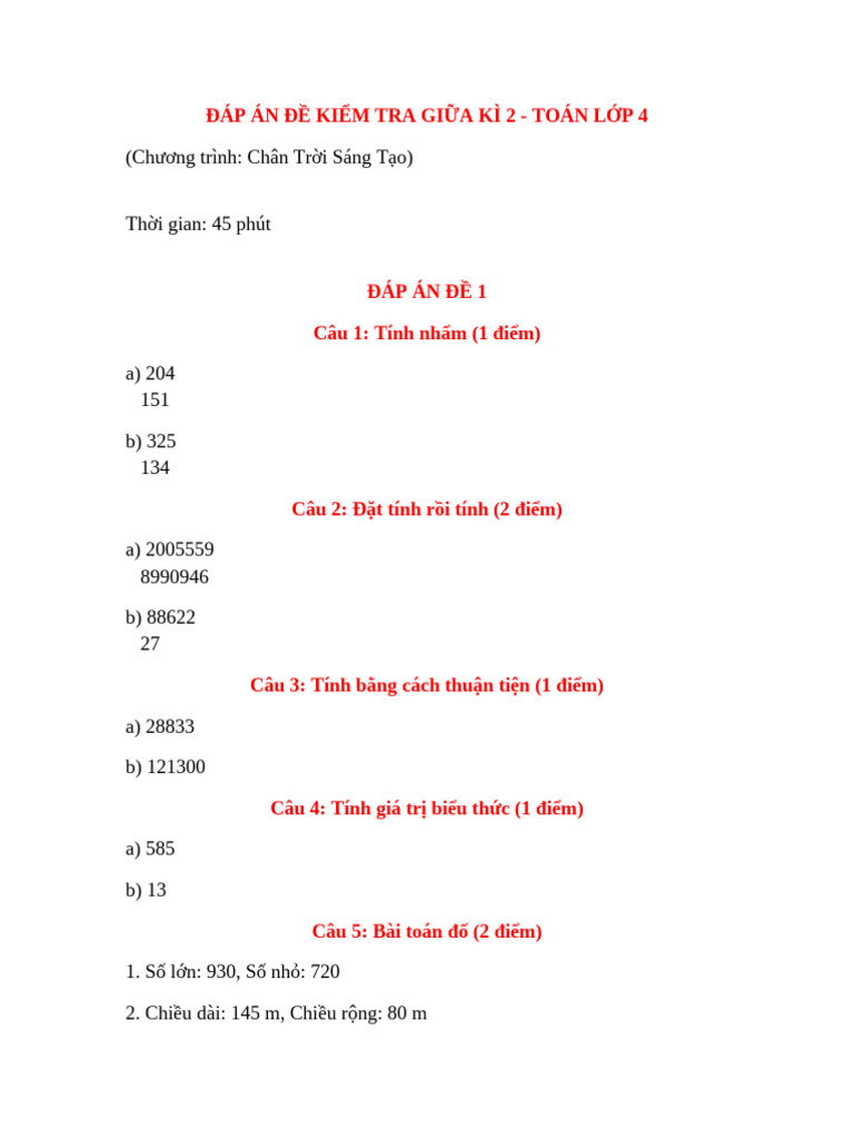 Dap An de Kiem Tra GK2 Toan Lop4 | PDF