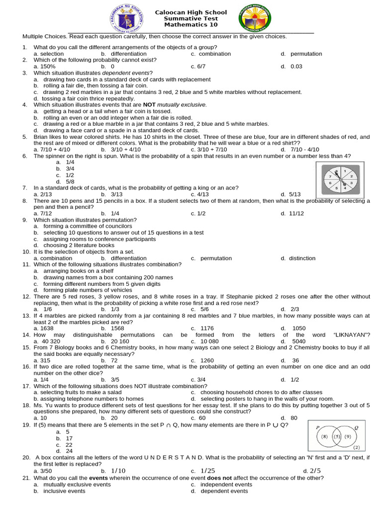 Caloocan High School Math 10 Test | PDF | Odds | Permutation