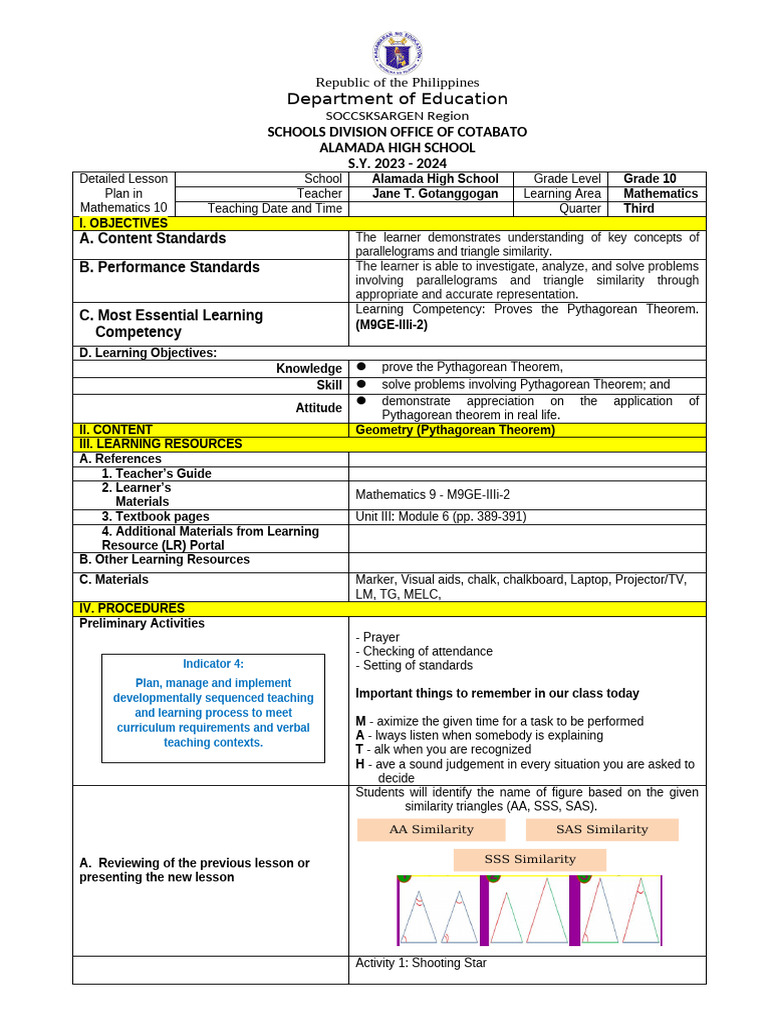 DLP JHS Pythagorean Theorem | PDF | Learning | Mathematics