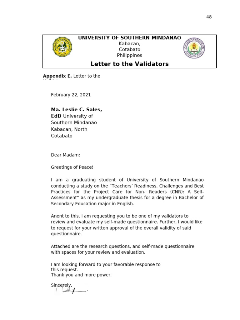 Letter To The Validators | PDF | Educational Assessment And Evaluation | Evaluation