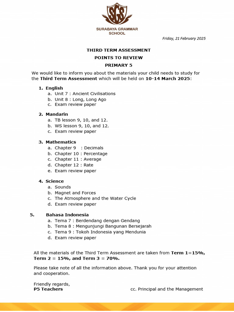 Primary 5 Exam Points To Review Term 3 2025 - 250224 - 081724 | PDF