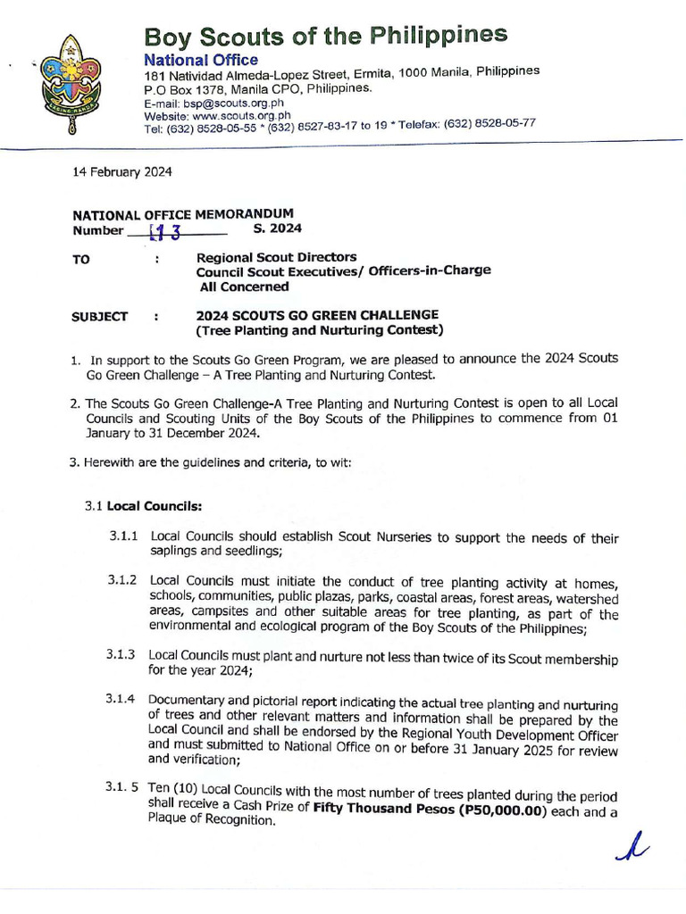 BSP NO Memorandum No. 13 s.2024 2024 SCOUTS GO GREEN CHALLENGE Tree Planting and Nurturing ...