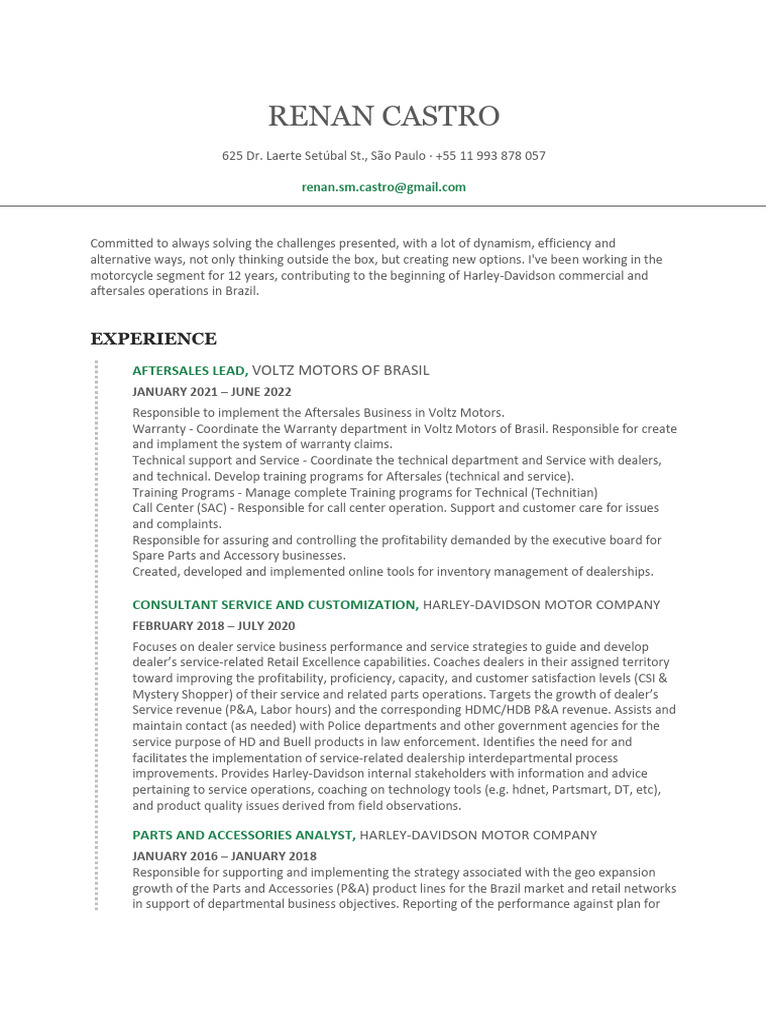 Renan Castro - Resume | PDF | Harley Davidson | Business