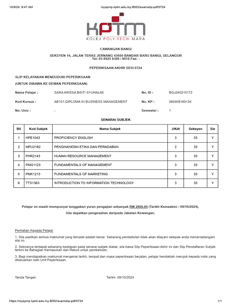 Exam Slip Sara Arissa | PDF