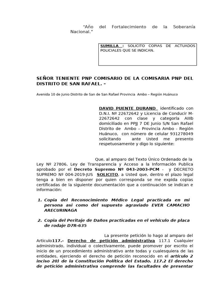 SOLICITUD DAVID PUENTE DURAND INFORMACION COMISARIA SAN RAFAEL | PDF | Petición | Justicia