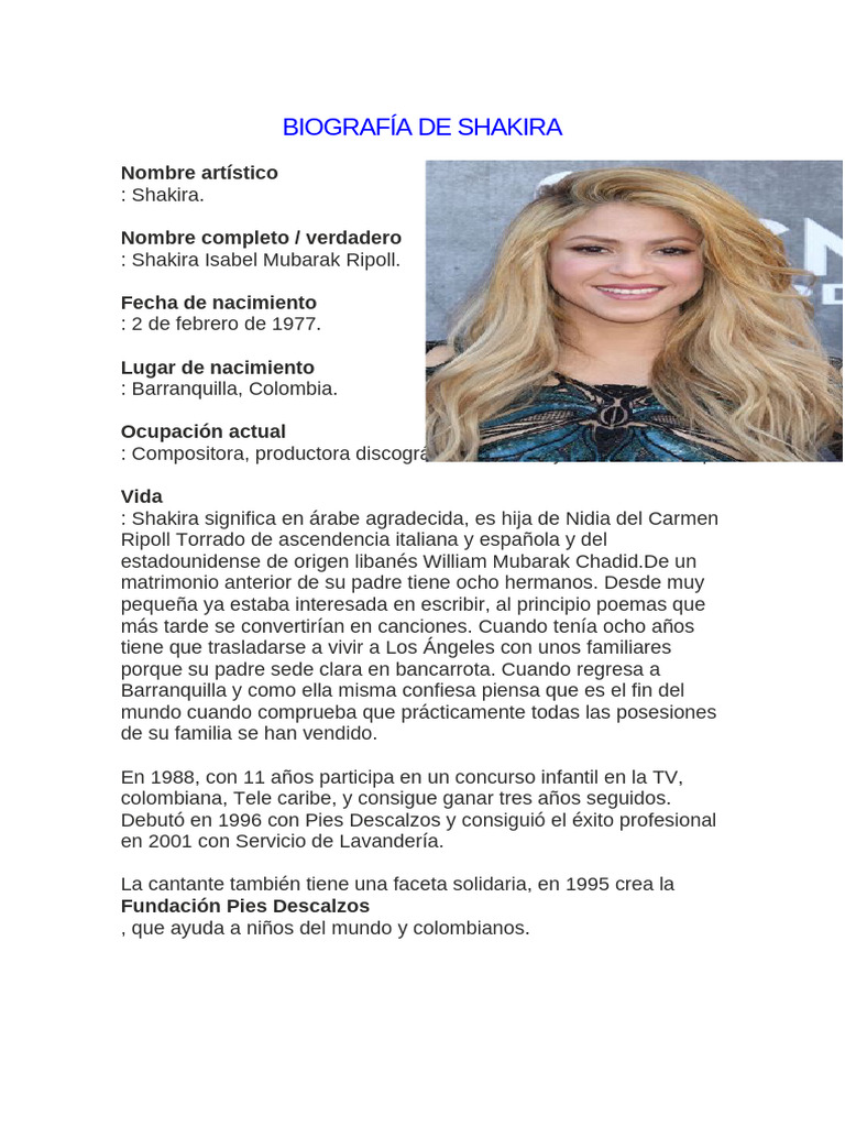 Biografía de Shakira: Vida y Éxitos | PDF