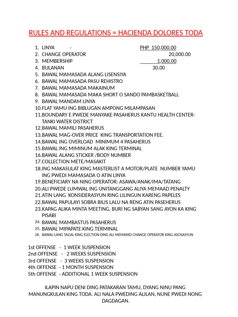 Hacienda Dolores TODA Regulations | PDF