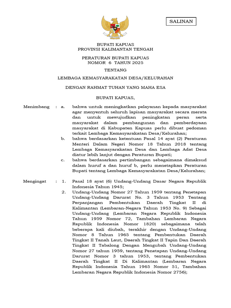 Perbup No. 6 THN 2025 TTG Lembaga Kemasyarakatan Desa Salinan | PDF