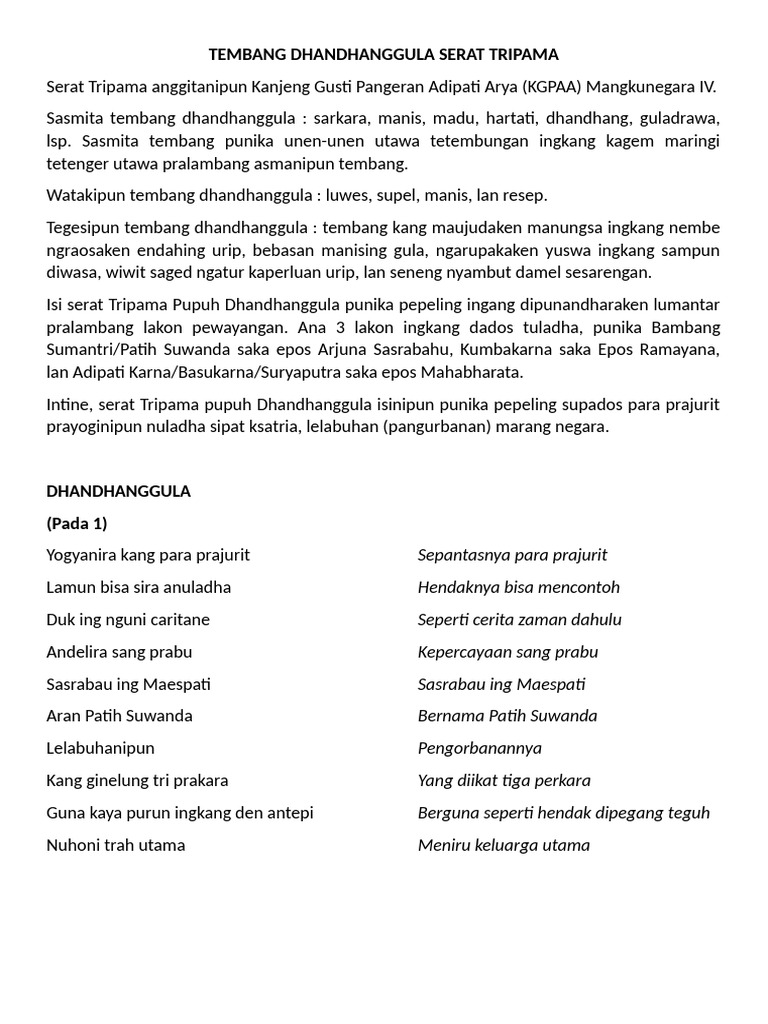 Pepeling Serat Tripama Dhandhanggula | PDF