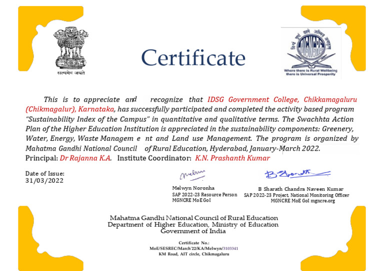 Swachta Sustainability Certificate 341 PRASHANTH | PDF