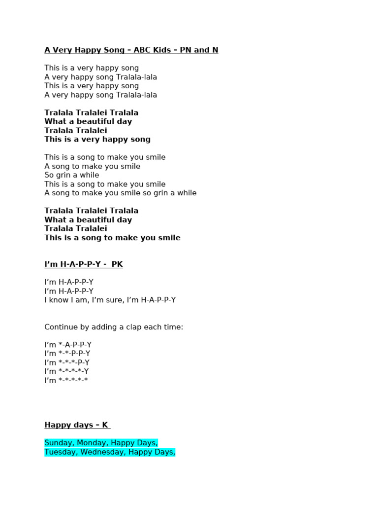 Lyrics for songs about happiness | PDF