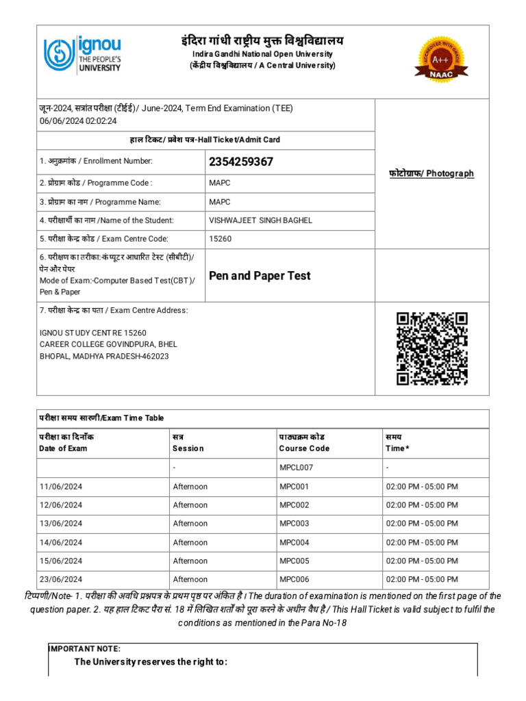 Ignou Admit Card | PDF