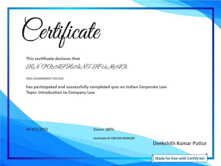 Certificate For KN PRASHANT KUMAR For - Indian Corporate Law Quiz - 1 | PDF