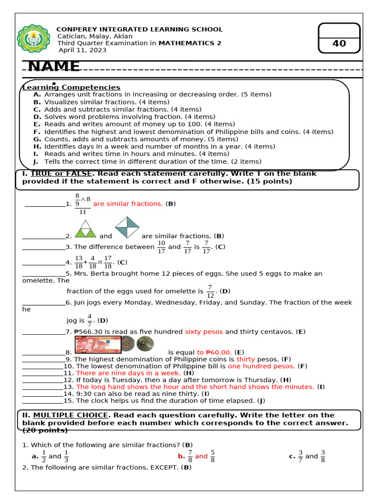 3rd Quarter Exam in Math Grade 2 | PDF | Foreign Exchange Market | Currency