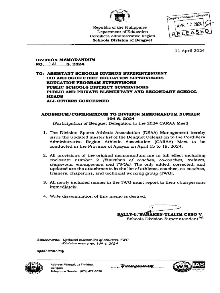 SDO Memo No. 121, S. 2024 | PDF