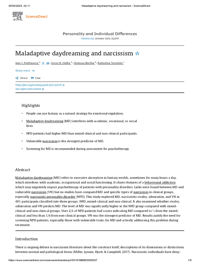 Maladaptive Daydreaming and Narcissism - ScienceDirect | PDF | Narcissism | Mental Disorder
