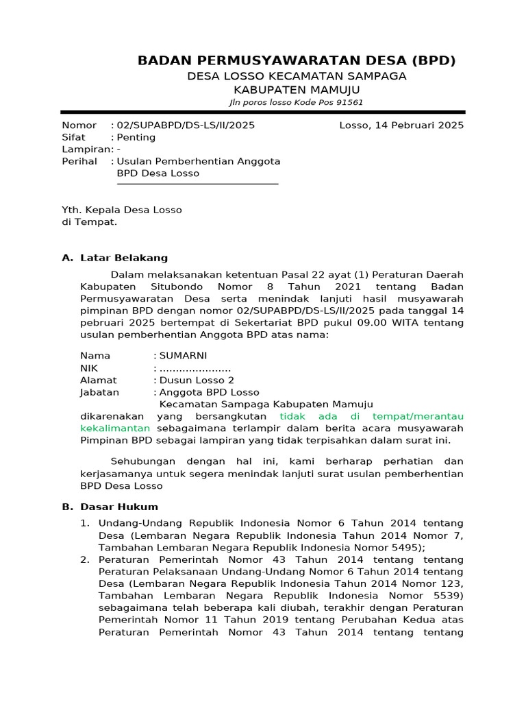 Contoh - Surat Pemberhentian BPD (Dari BPD) | PDF