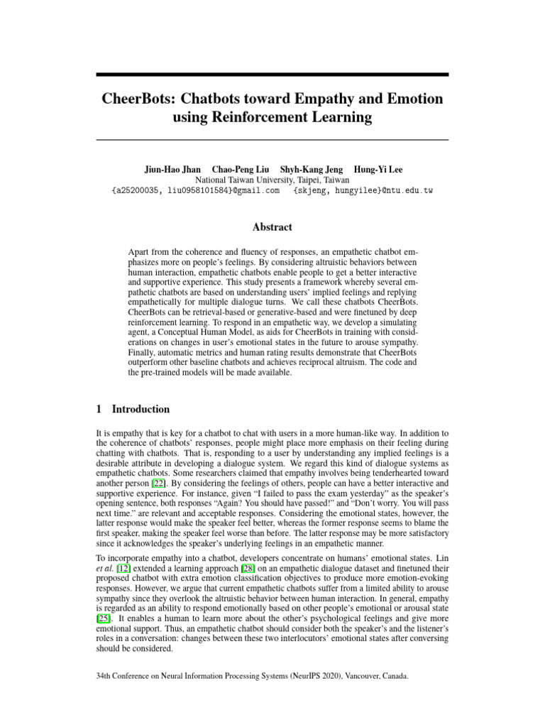 Cheerbot Chatbot Towords Empathy and Emotion | PDF | Empathy | Statistical Classification